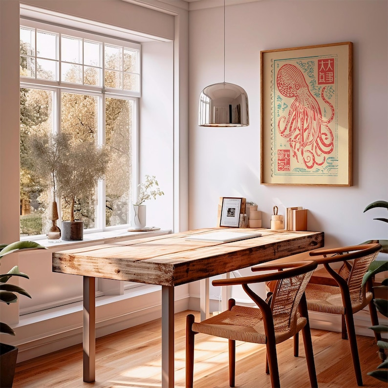 Red Octopus Poster | Japanese Folk Linocut Illustration | Marine Wall ...