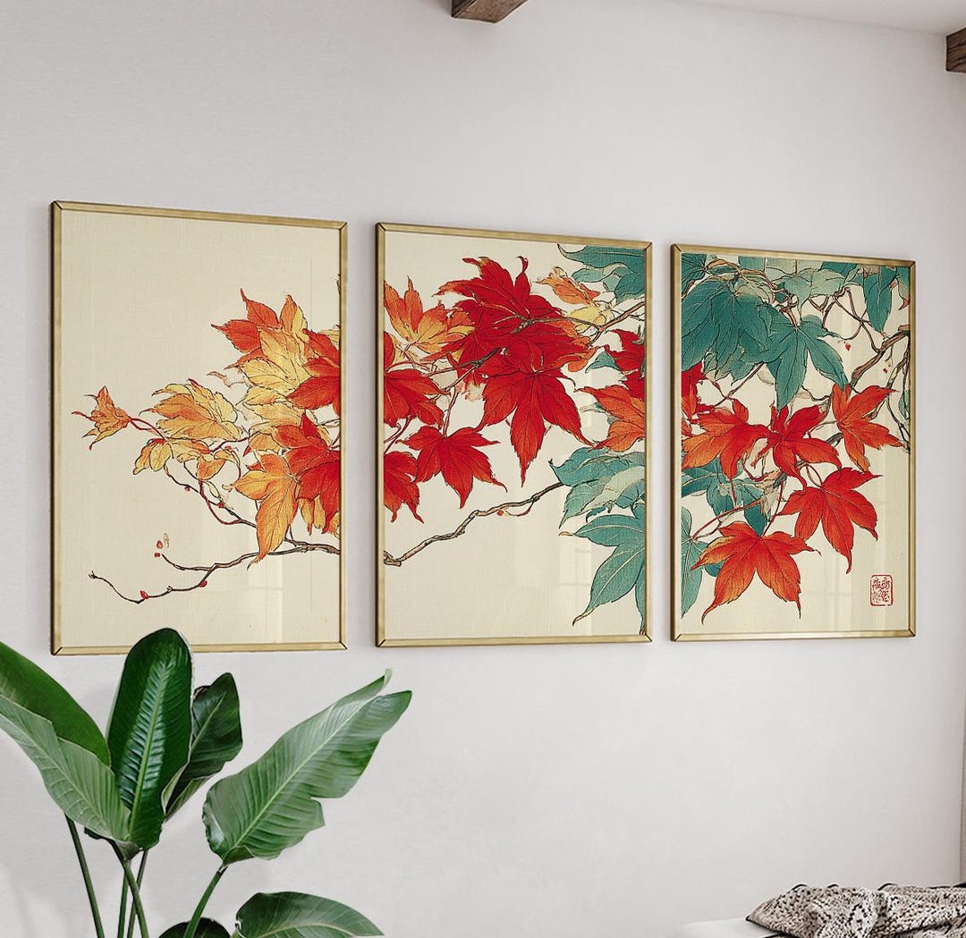 Maple Leaves Autumn Posters Set of 3, Japanese Ink Prints - Etsy