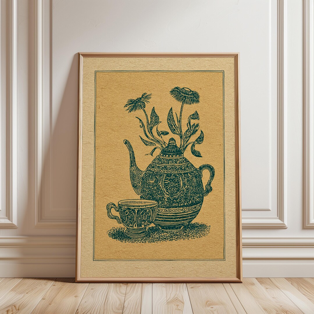 Ornate Teapot Poster, Vintage Line Art Botanical Tea Illustration - Etsy
