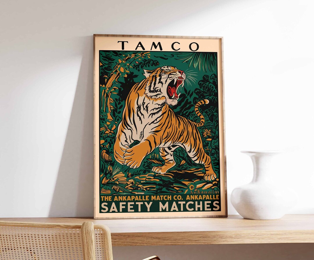 Vintage Tiger Print, Indian Tiger Poster, Tamco Matchbox Art, Animal ...