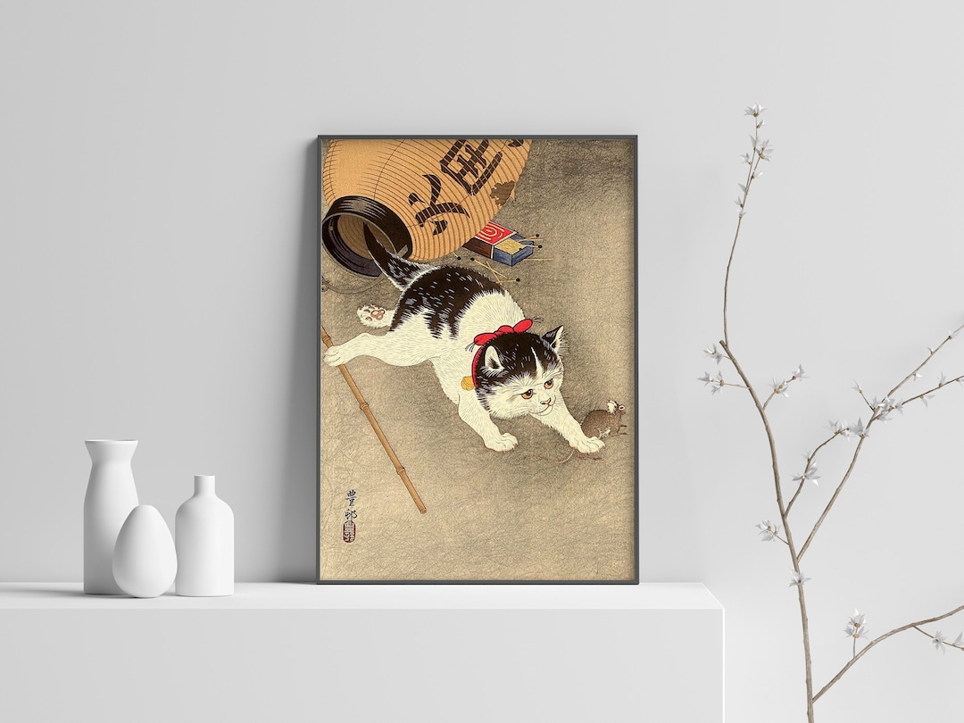 Japanese Cat Poster, Japanese Cat Art Print, Cat and Mouse, Animal Wall ...