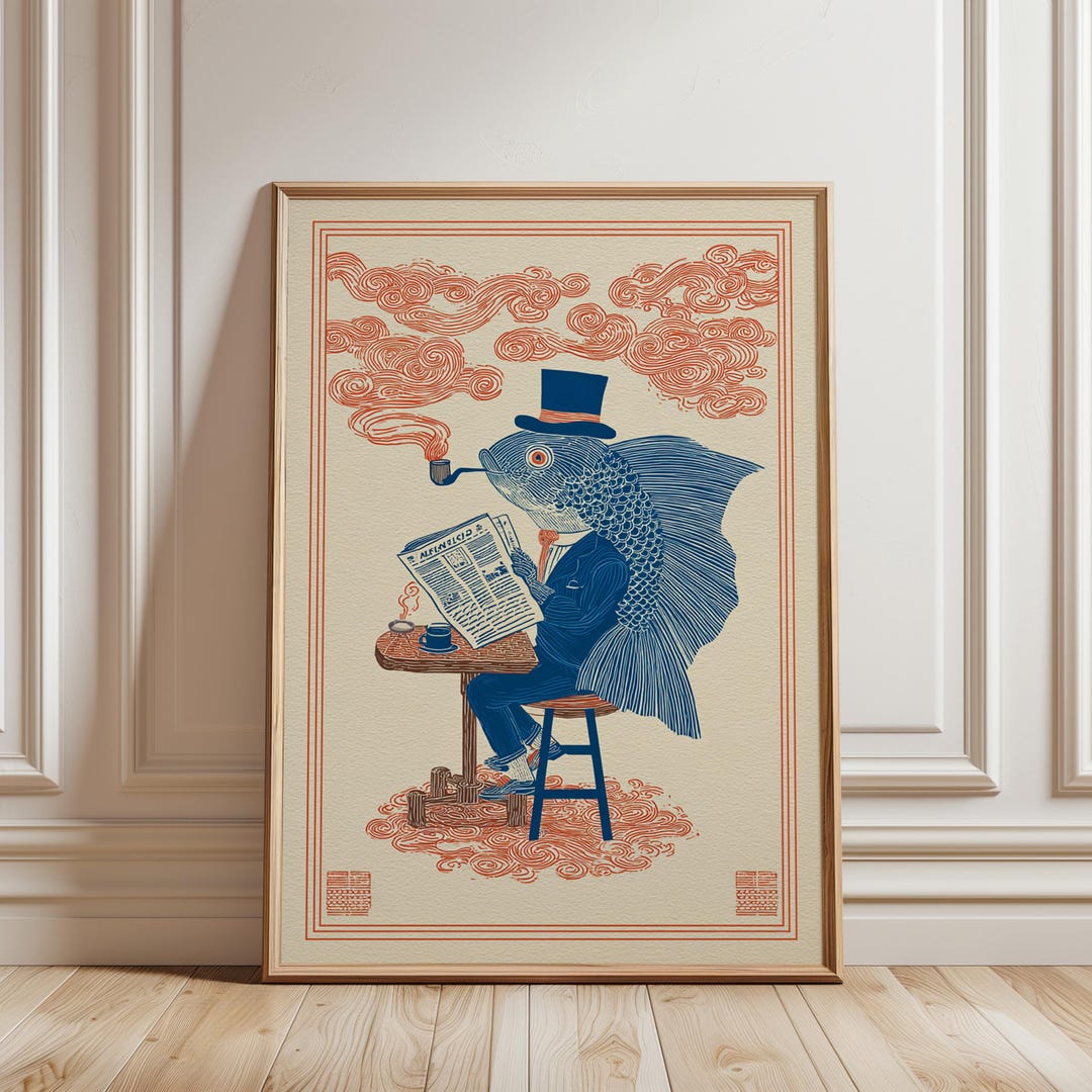 Gentleman Fish Poster, Surreal Vintage Illustration in Blue and Red ...