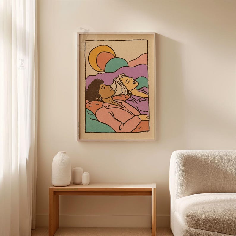 Abstract Couple Poster, Pastel Linocut Style Paper Wall Art - Etsy UK