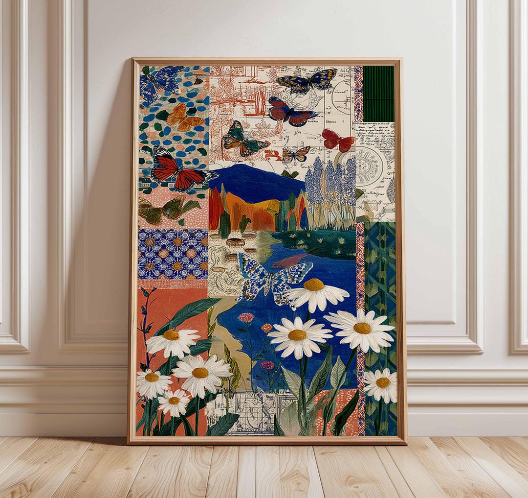 Boho Floral Collage Poster, Abstract Botanical Wall Art Print, Colorful ...