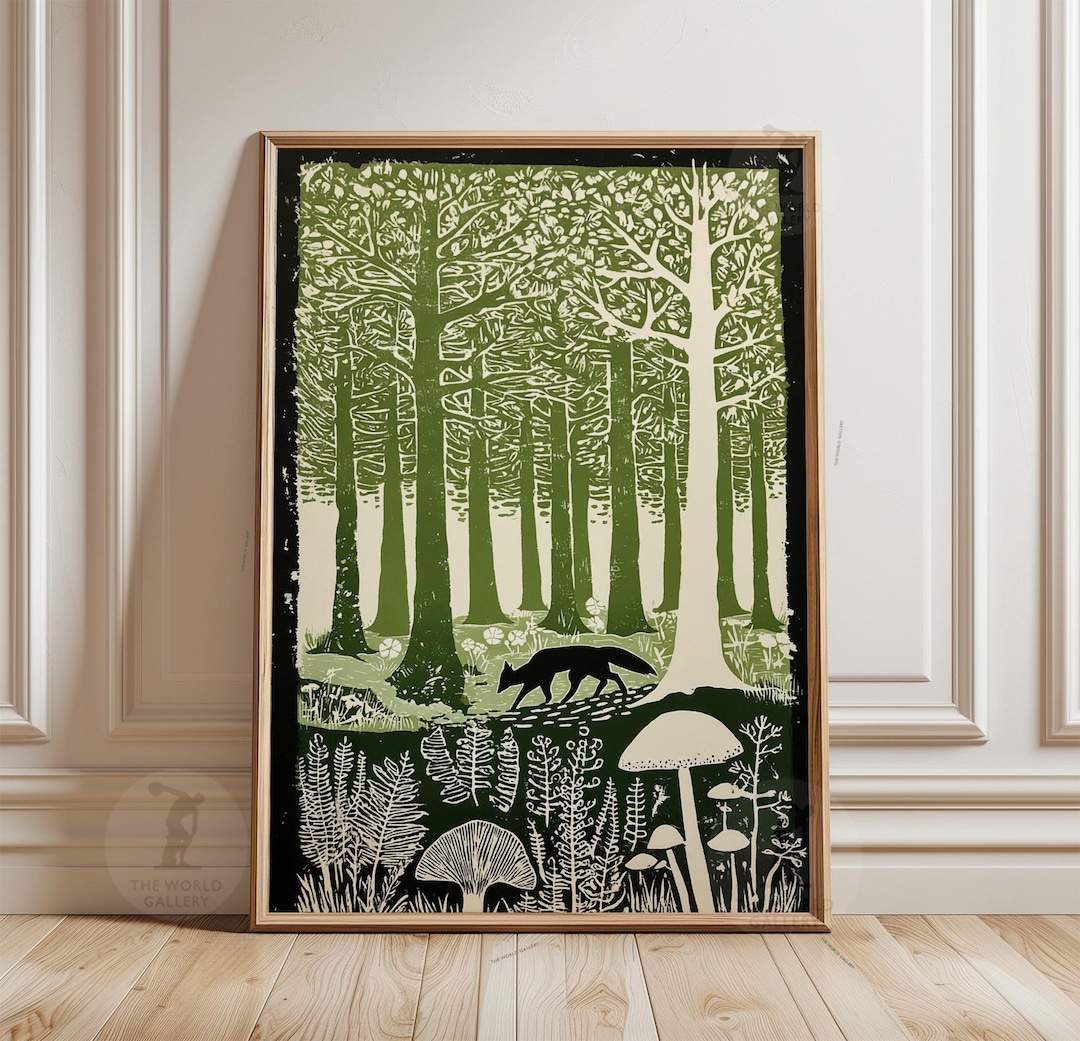 Woodland Forest Fox Poster | Green Nature Wall Art Print | Vintage ...