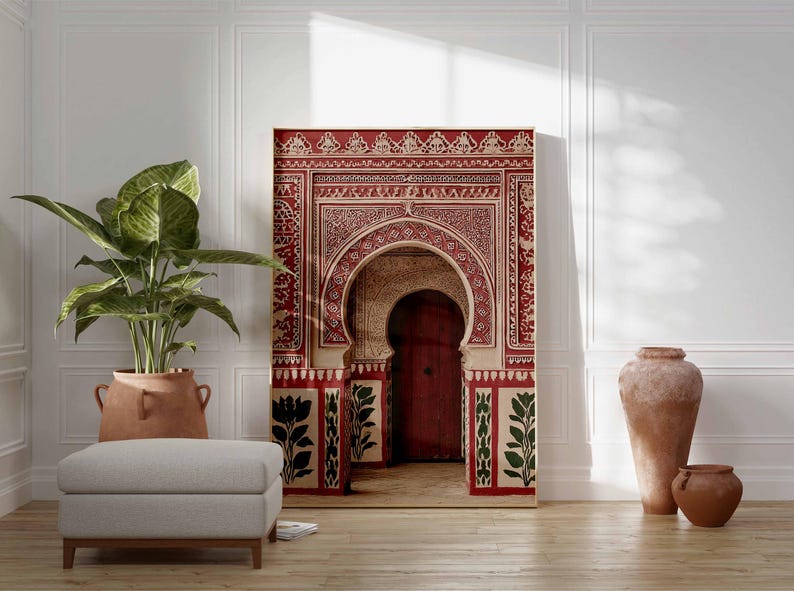 Moroccan Doorway Wall Art Print, Islamic Architecture Poster, Red Arch ...
