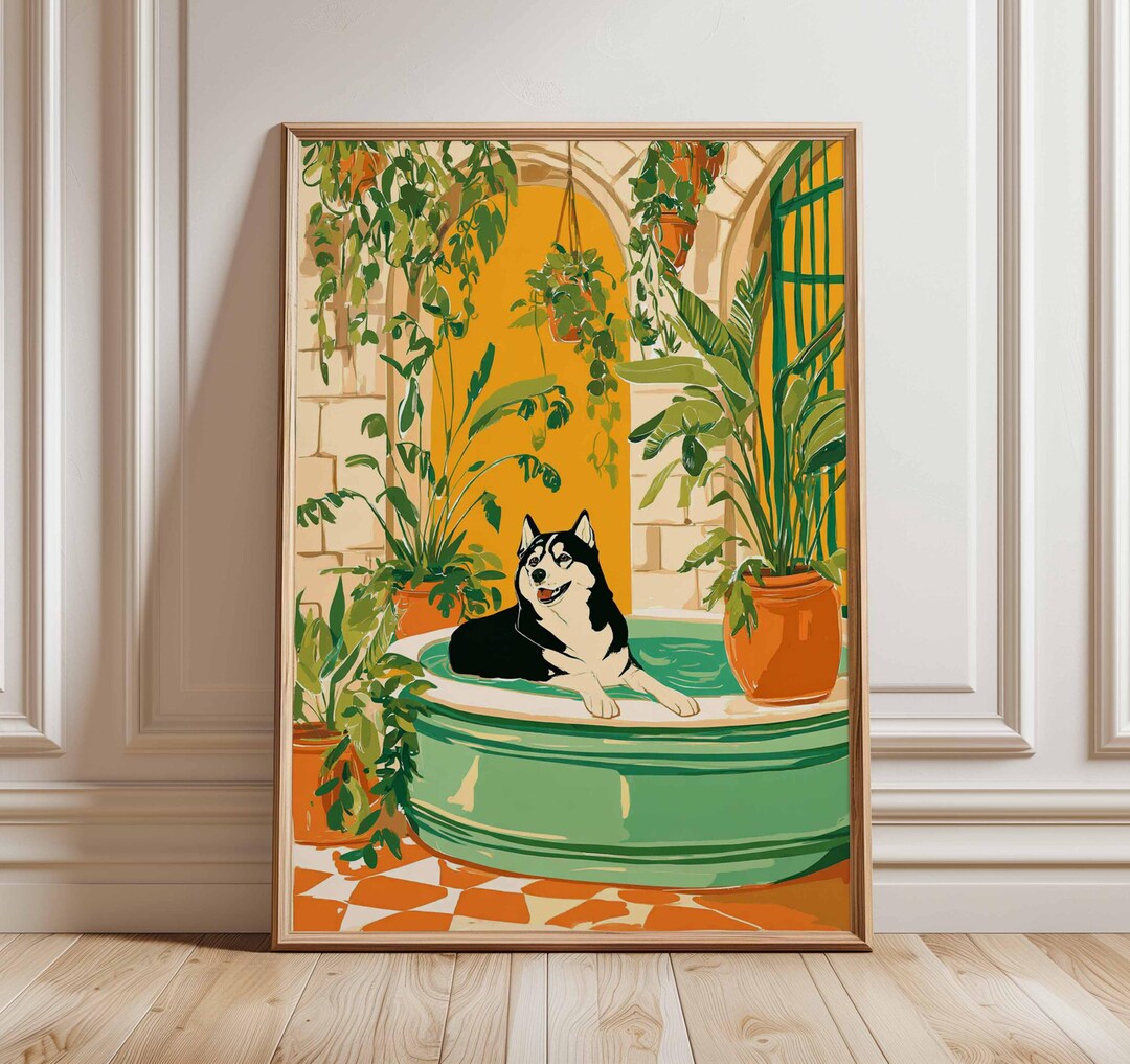 Husky Dog Wall Art Print, Mediterranean Garden Poster, Colorful Dog ...