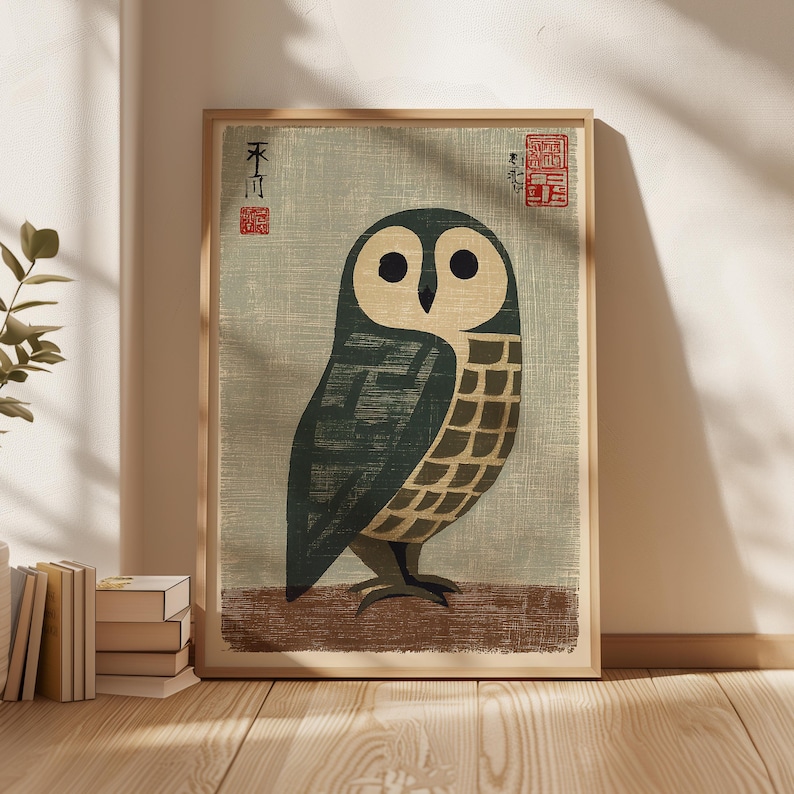 Japanese Owl Art Print, Vintage Woodblock Style, Mid Century Animal ...
