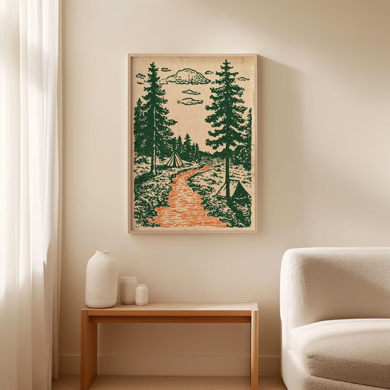 Rustic Forest Print, Vintage Linocut Style Woodland Wall Decor - Etsy