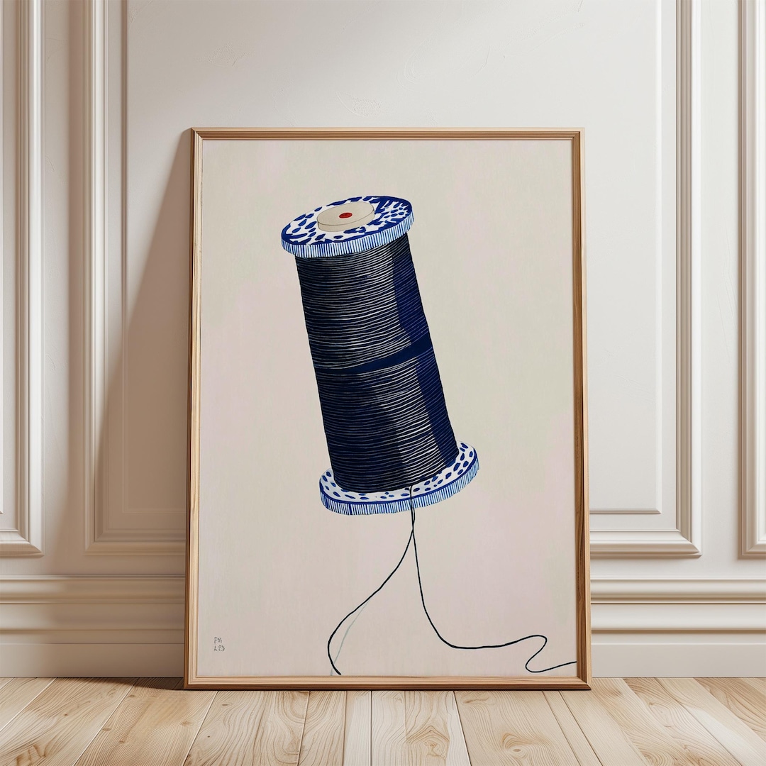 Blue Thread Spool Poster | Minimal Sewing Illustration | Japanese Style ...
