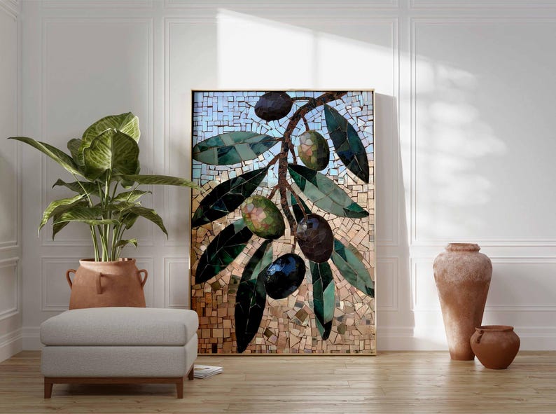 Olive Branch Mosaic Art Print | Mediterranean Wall Art | Rustic Kitchen ...