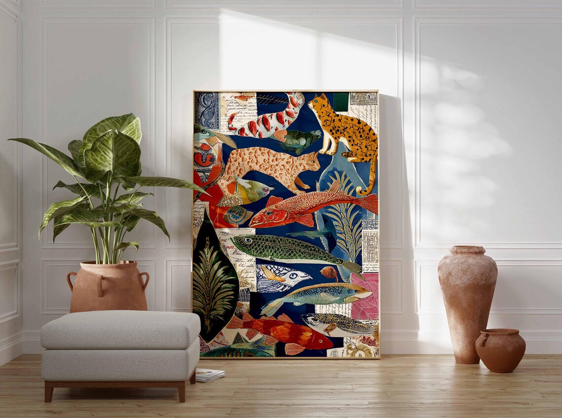 Colorful Animal Collage Poster, Vintage Fish and Cat Art Print, Retro ...