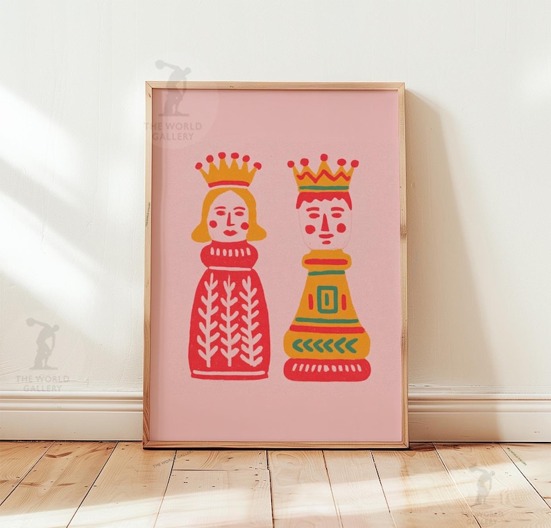 Queen King Chess Poster | Pink Red Folk Art Print | Minimal Game Wall ...