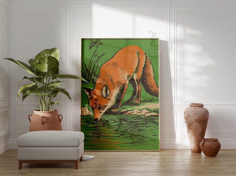 Fox Stream Poster, Green Nature Art, Linocut Animal Print - Etsy UK