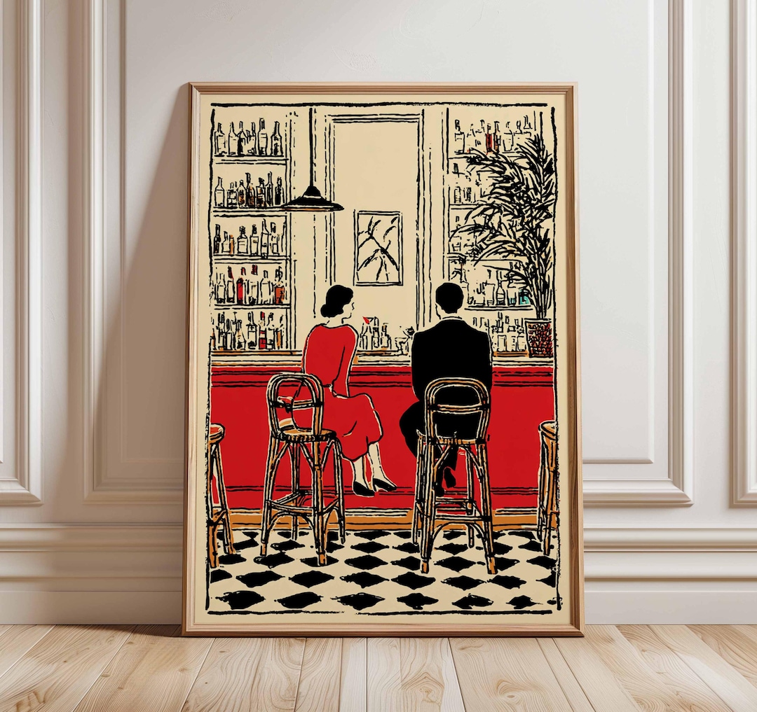 Romantic Bar Scene Art Print, Vintage Couple Poster, Retro Cocktail Bar ...