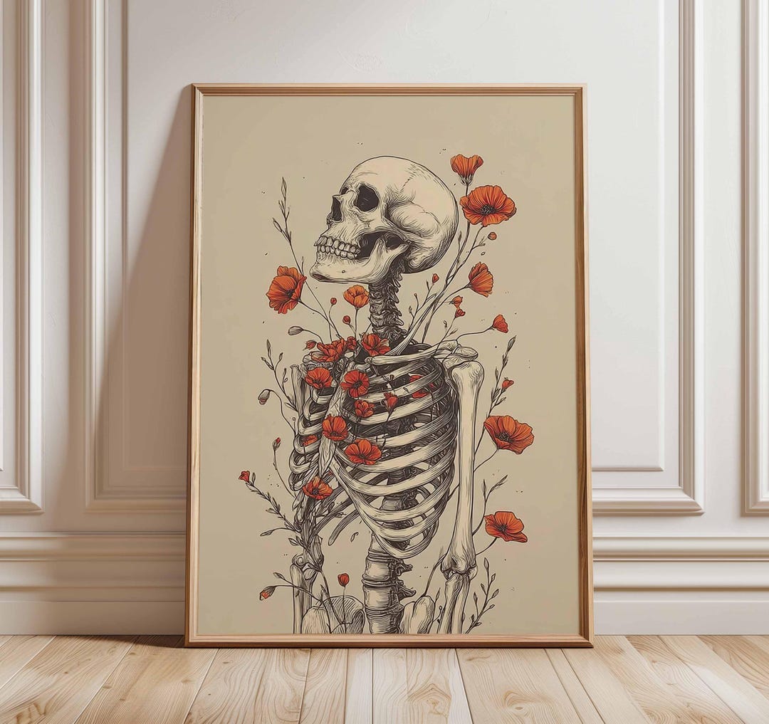Skeleton and Red Poppies Art Print – Gothic Botanical Wall Decor - Etsy