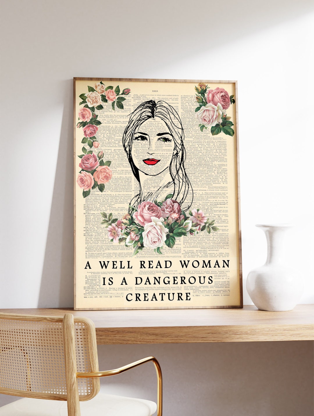 Vintage Reading Poster, Floral Poster, Floral Art, A Well Read Woman ...