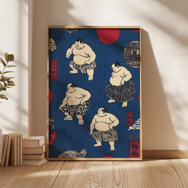 Sumo Wrestlers Art Print, Indigo Ukiyo-e Japanese Decor - Etsy UK