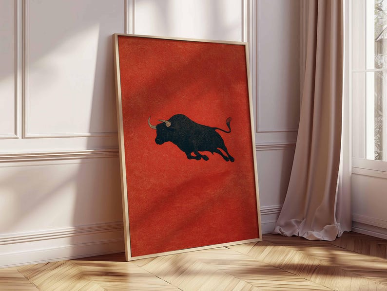 Vintage Bull Poster, Minimalist Animal Wall Art Print, Mid Century ...