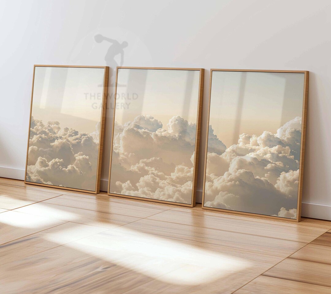 Beige Clouds Bedroom Wall Art Set of 3 Prints, White Clouds Beige Sky ...