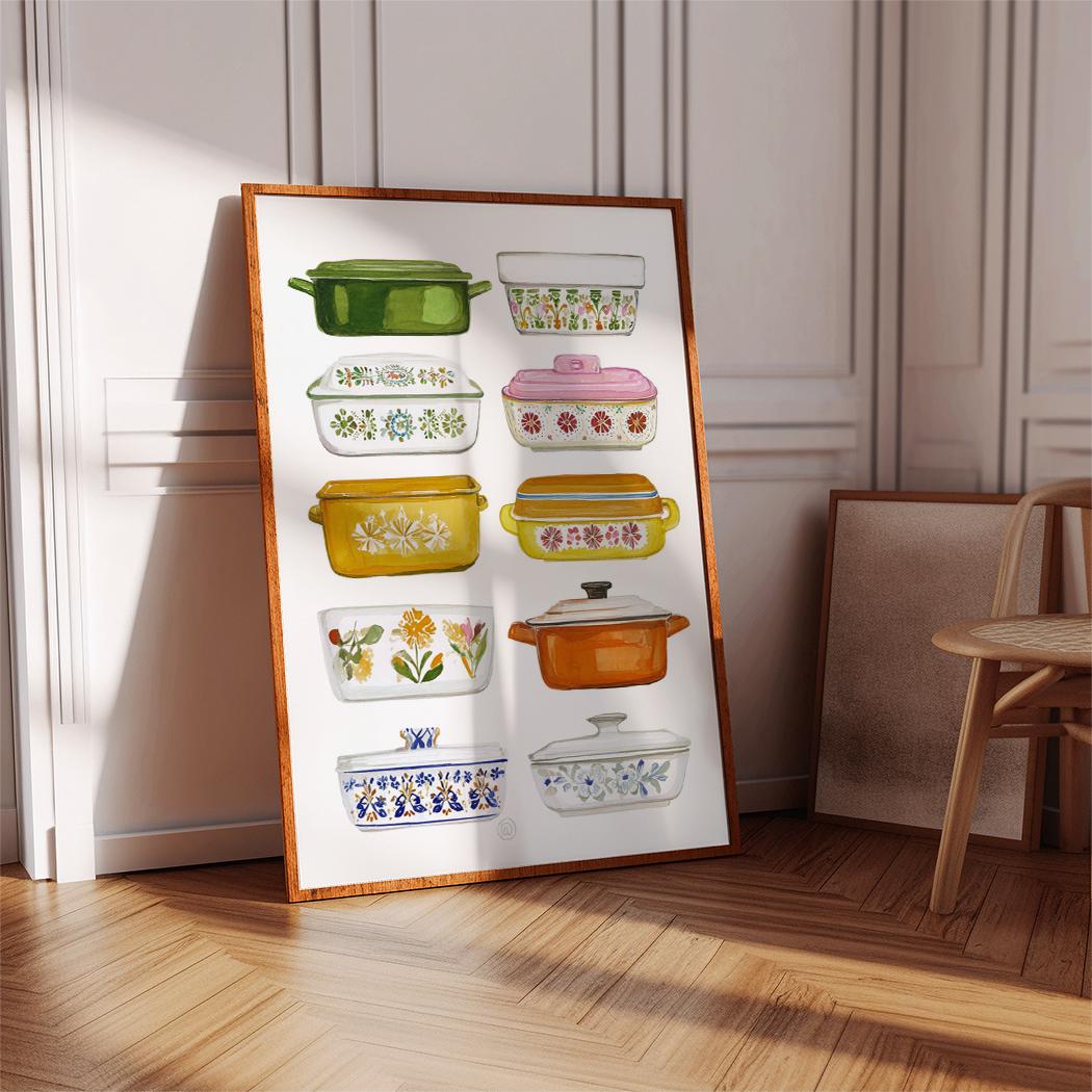 Vintage Pyrex Wall Art, Retro Kitchen Print, Mid Century Dish Poster ...