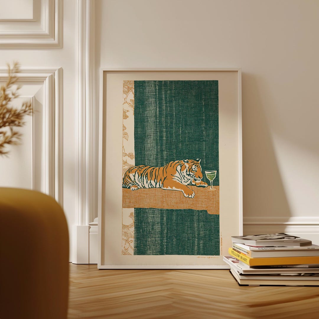 Tiger Lounge Print in Vintage Lino Style Green Mustard Illustration - Etsy
