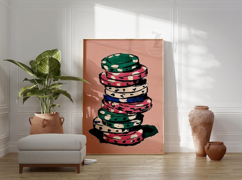 Stacked Poker Chips Print | Colorful Casino Wall Art, Modern Gaming ...