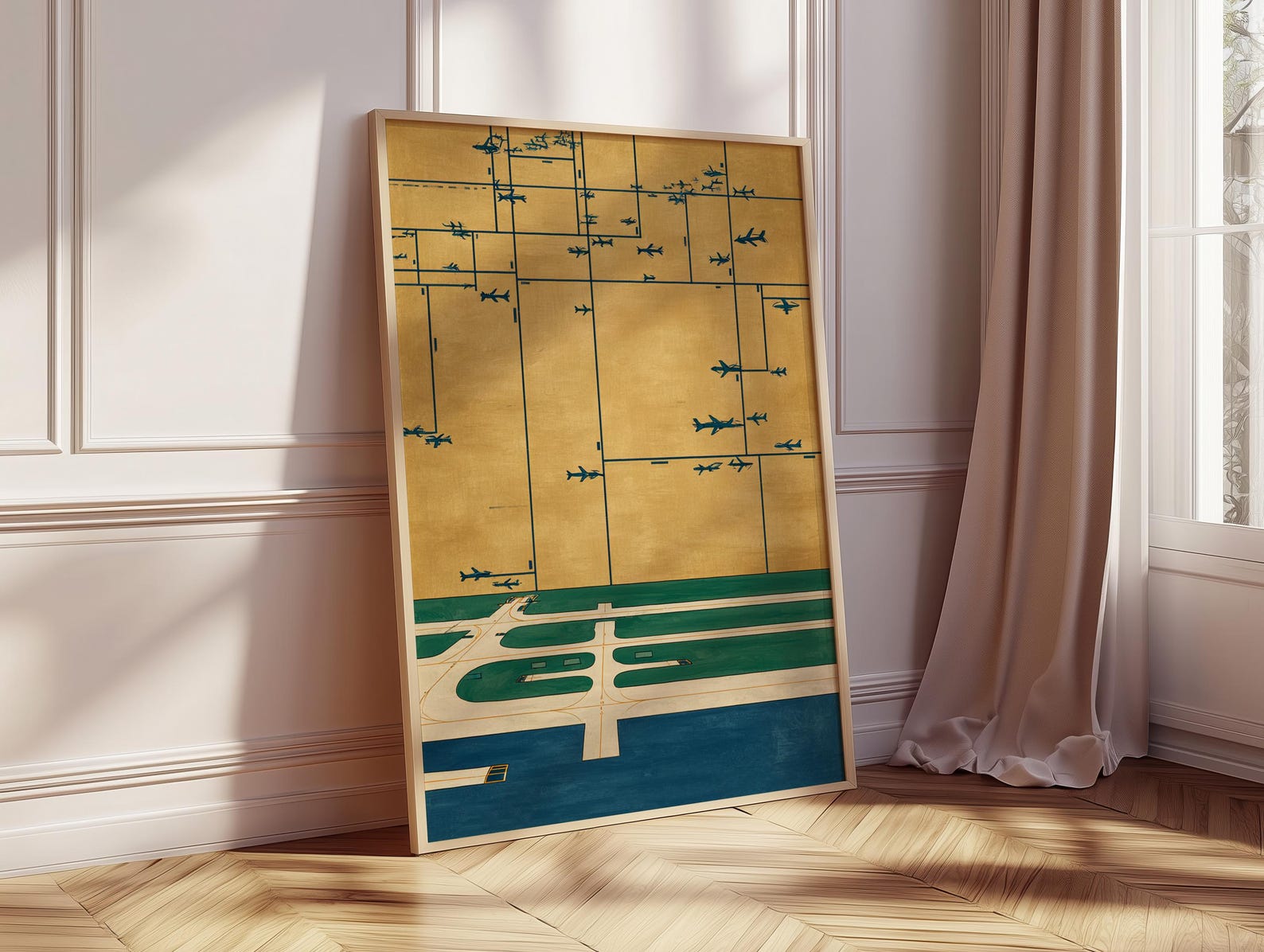 Yellow Blue Airport Diagram Poster | Abstract Runway Map Illustration ...
