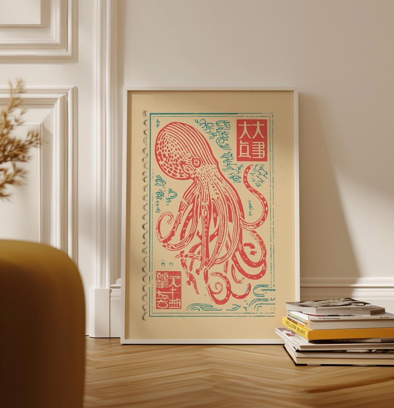 Red Octopus Poster | Japanese Folk Linocut Illustration | Marine Wall ...