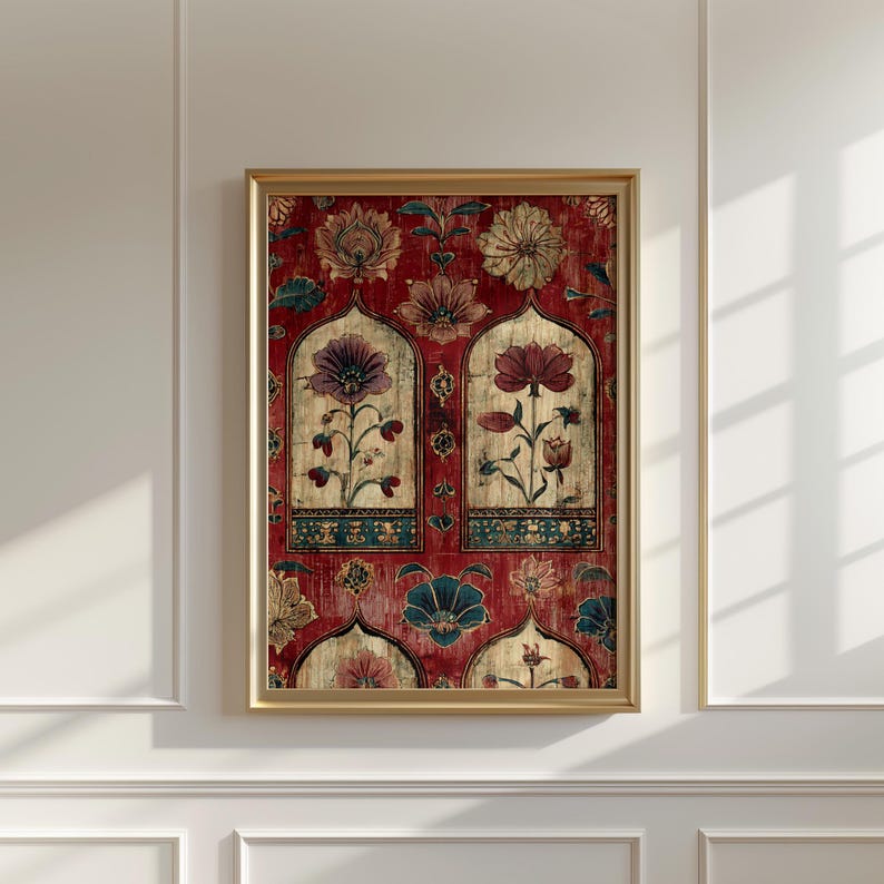 Poster With Persian Floral Arch Pattern in Red and Gold Tones - Etsy