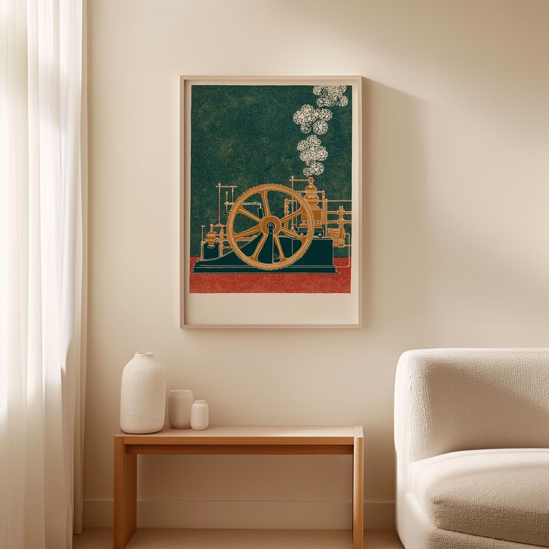 Steam Engine Print in Vintage Mechanical Line Style Green Red ...
