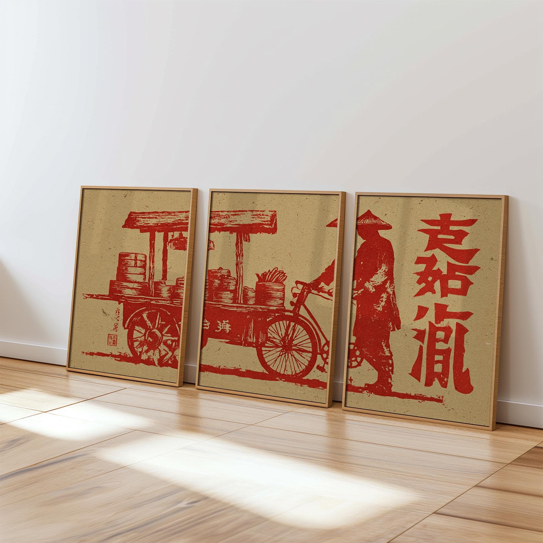 Red Dim Sum Cart Poster Set | Vintage Linocut Style Wall Art | 3 Piece ...