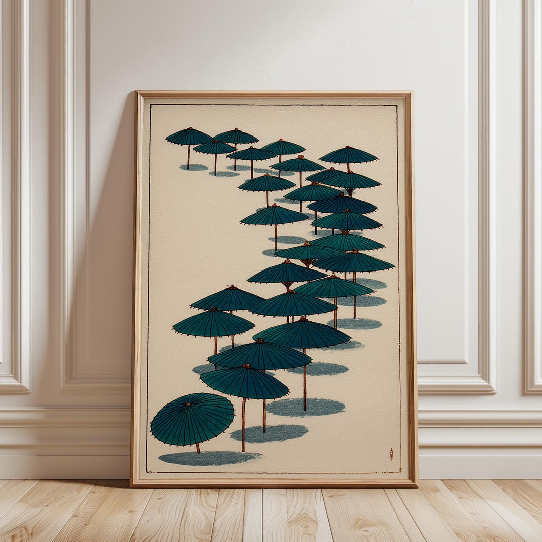 Floating Green Parasols Poster, Japanese Print Style, Minimal Parasol ...