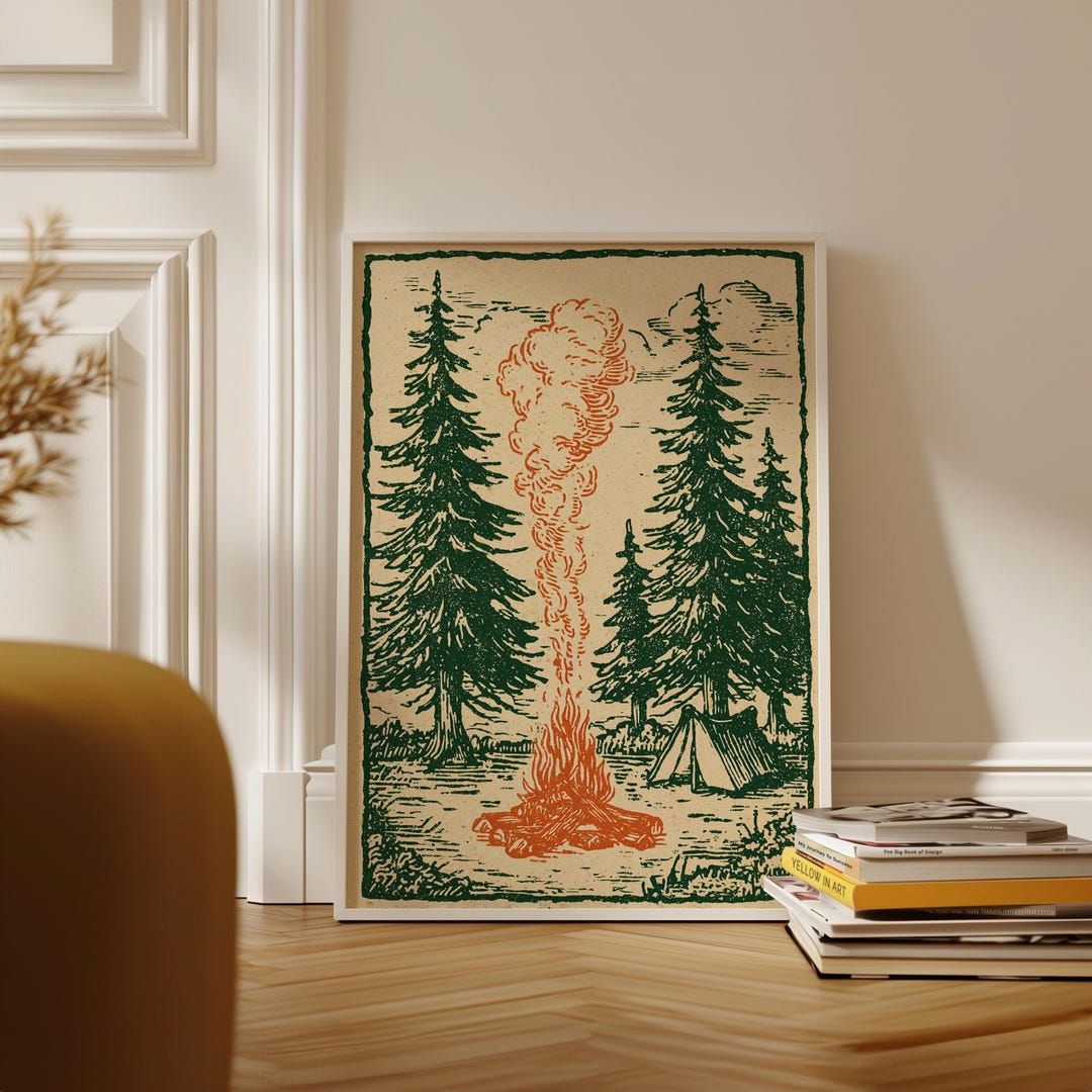Campfire Poster, Retro Linocut Forest Art, Vintage Camping Print - Etsy