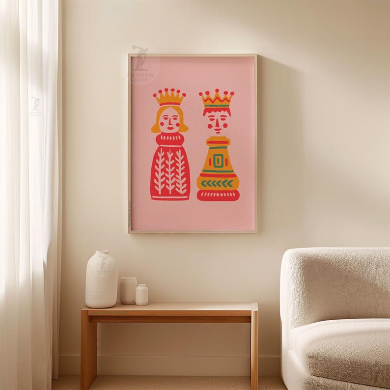 Queen King Chess Poster | Pink Red Folk Art Print | Minimal Game Wall ...
