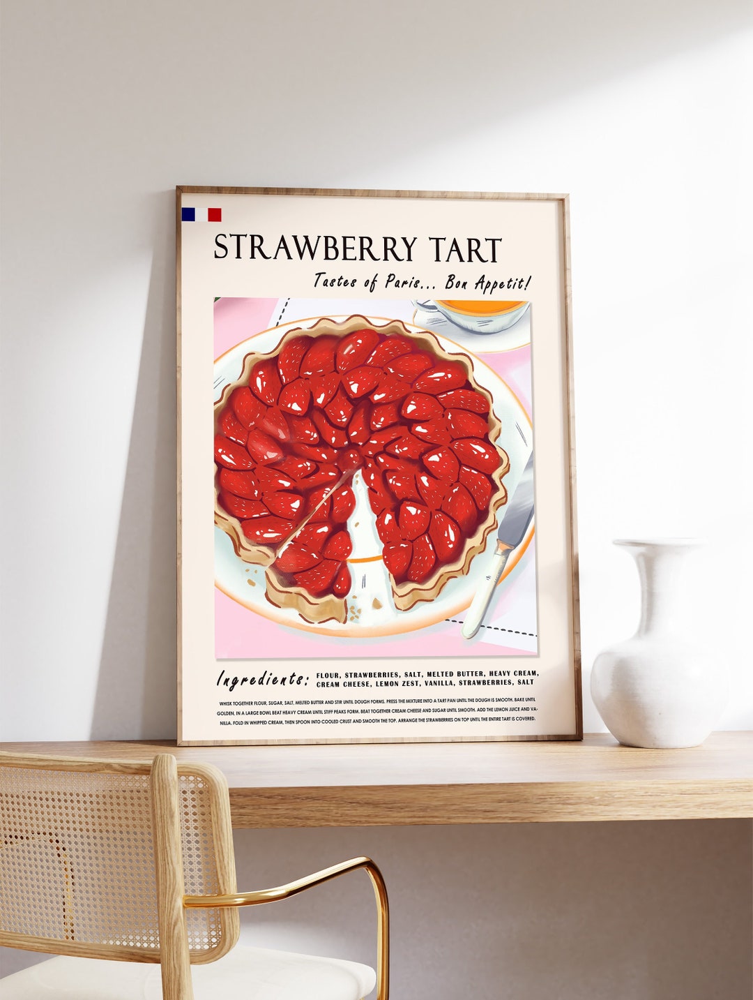 Strawberry Tart Dessert Poster, Dessert Art, French Art, Kitchen Poster ...
