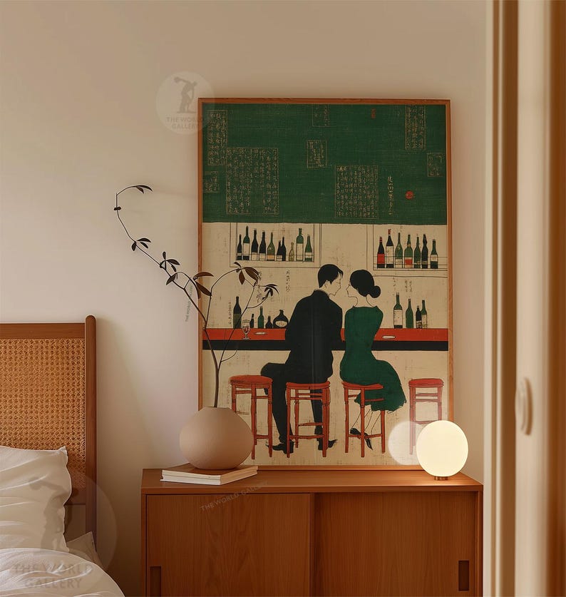 Vintage Couple Wine Bar Poster | Romantic Cafe Illustration, Tavern ...