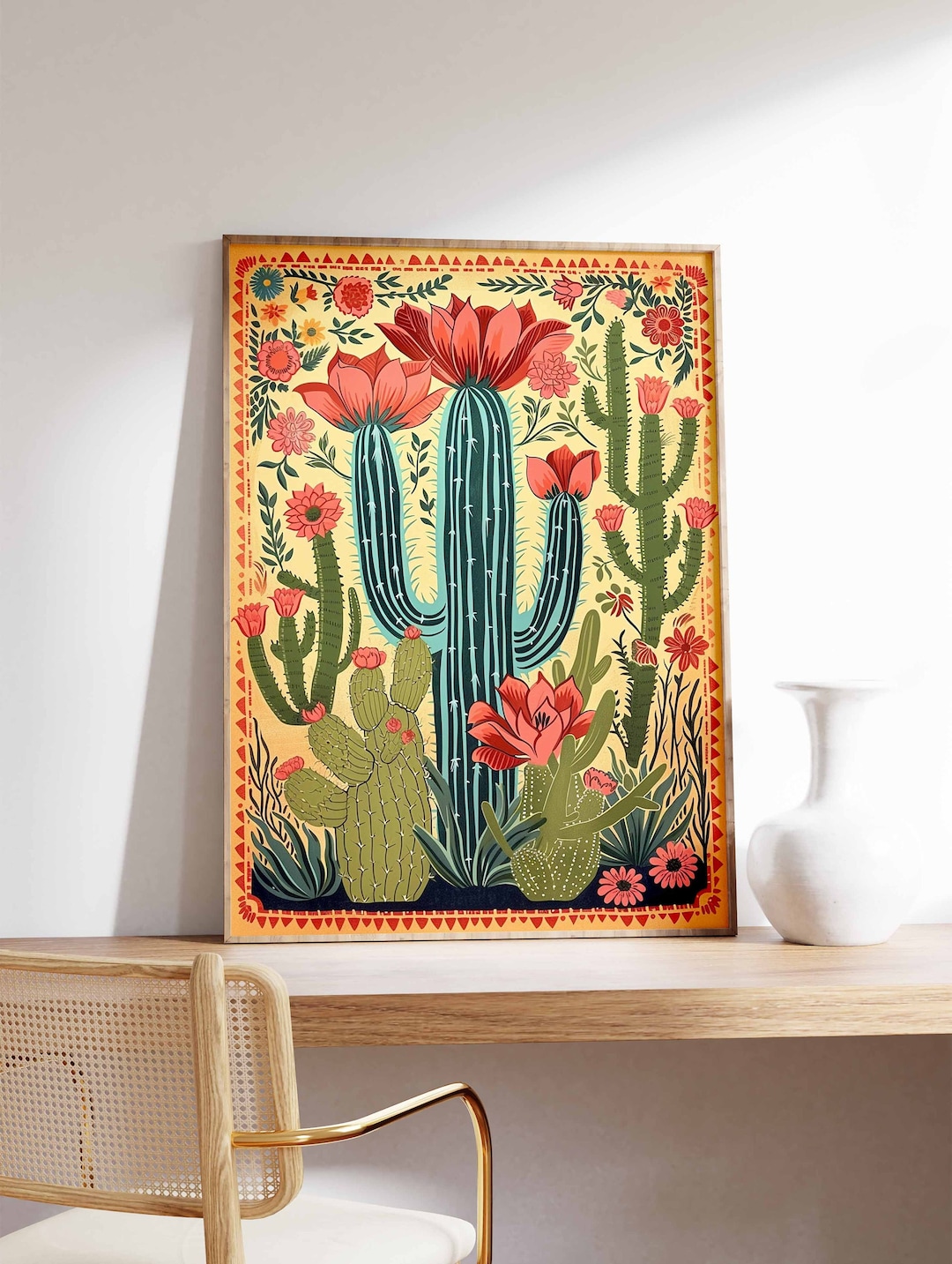 Vintage Mexican Cactus Poster, Colourful Mexican Art Print, Traditional ...