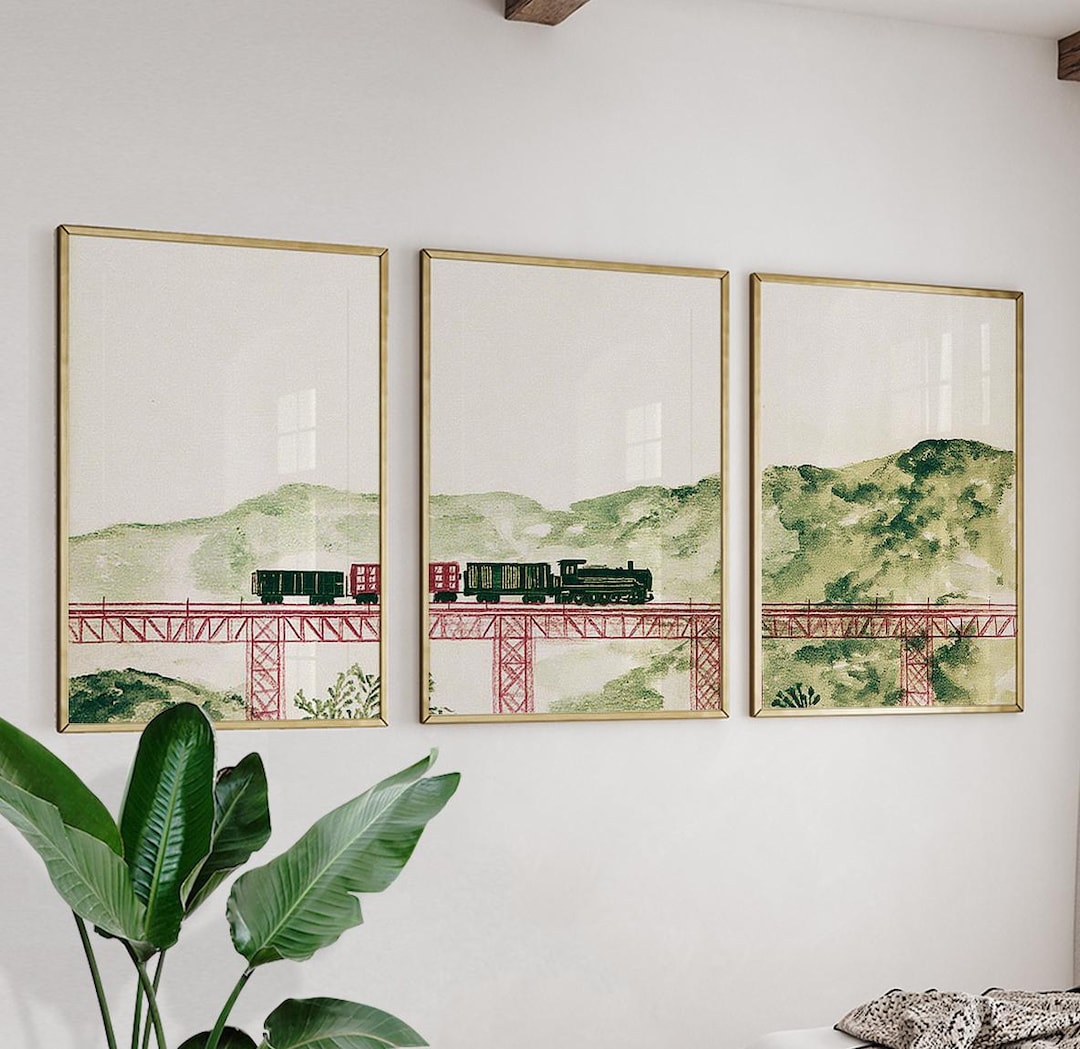 Vintage Steam Train Viaduct Posters | Railway Landscape Illustration ...