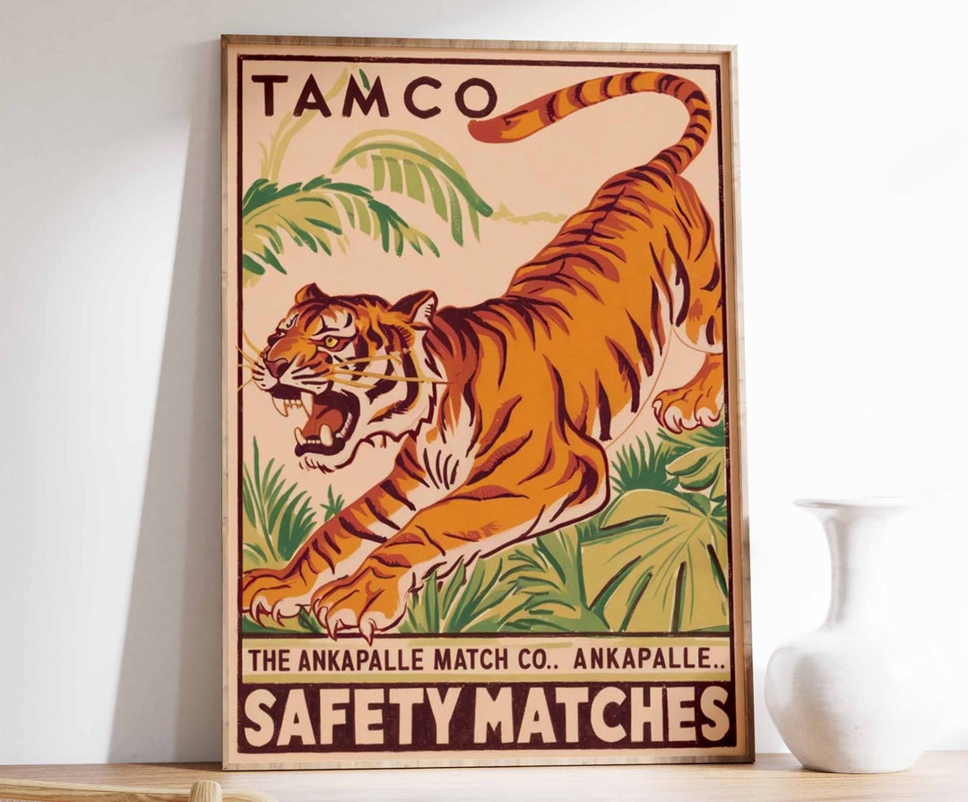 Vintage Tiger Print, Indian Tiger Poster, Matchbox Art, Animal Print ...