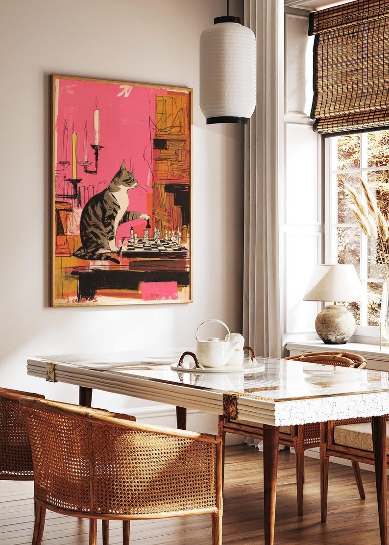 Cat Chess Poster | Pink Background Feline Illustration | Modern Graphic ...
