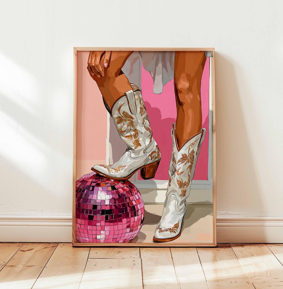 Pink Cowgirl Boots Disco Ball Poster, Western Wall Art, Retro Country ...