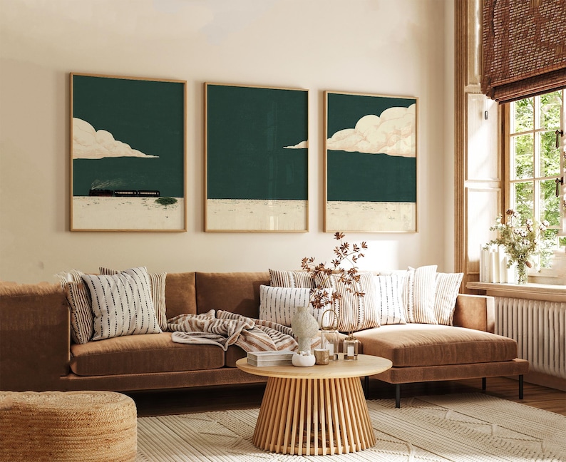 Minimalist Steam Train Poster Set | Dark Green Landscape Wall Art | 3 ...
