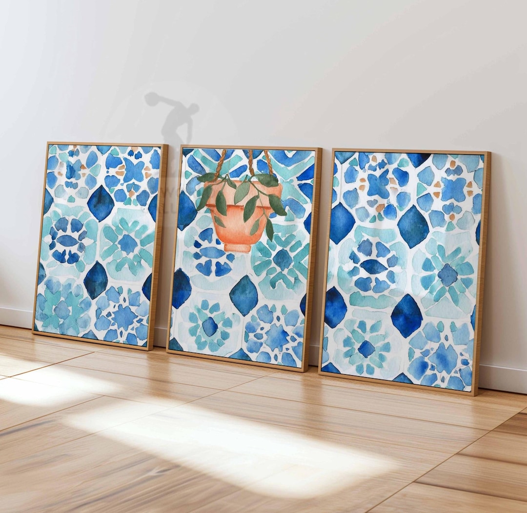 Blue Tile Wall Art Set of 3, Mediterranean Kitchen Poster, Hanging Pot ...