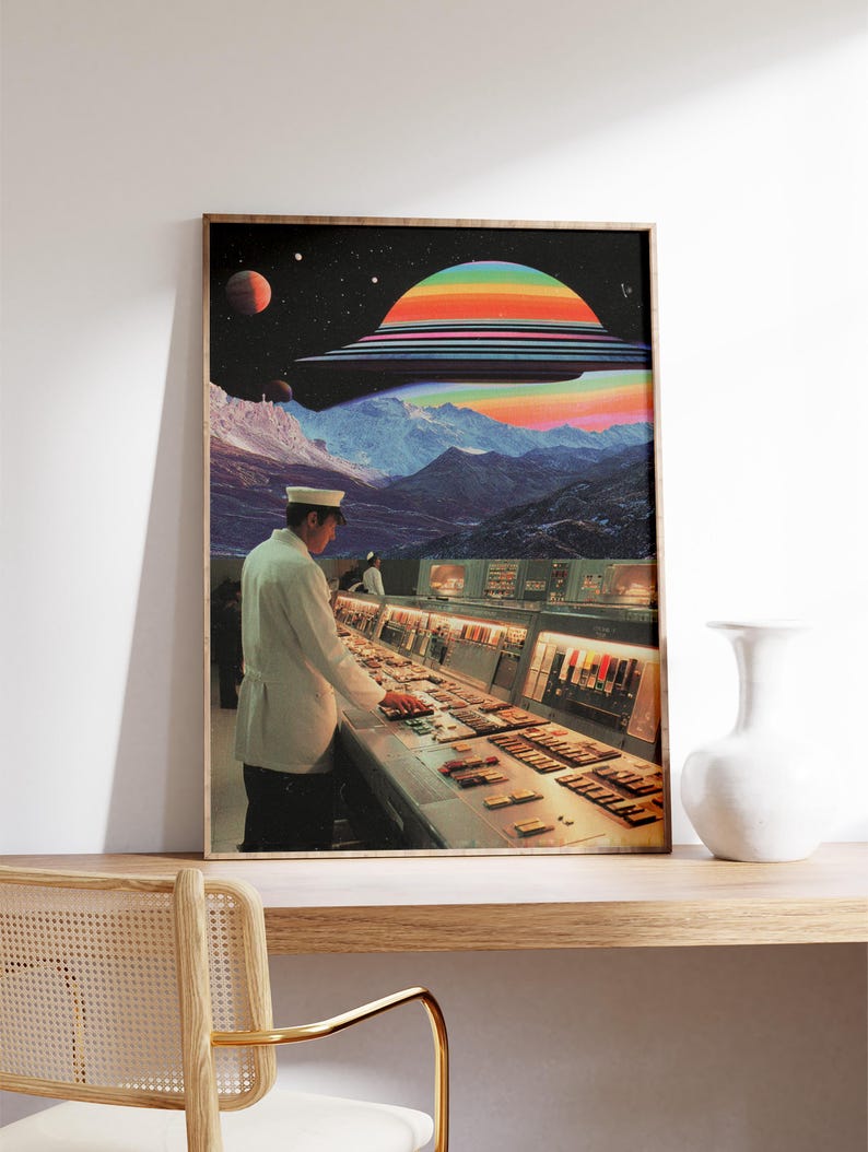 Retro Sci-fi Collage Poster, Rainbow UFO Artwork, Cosmic Surreal Wall ...