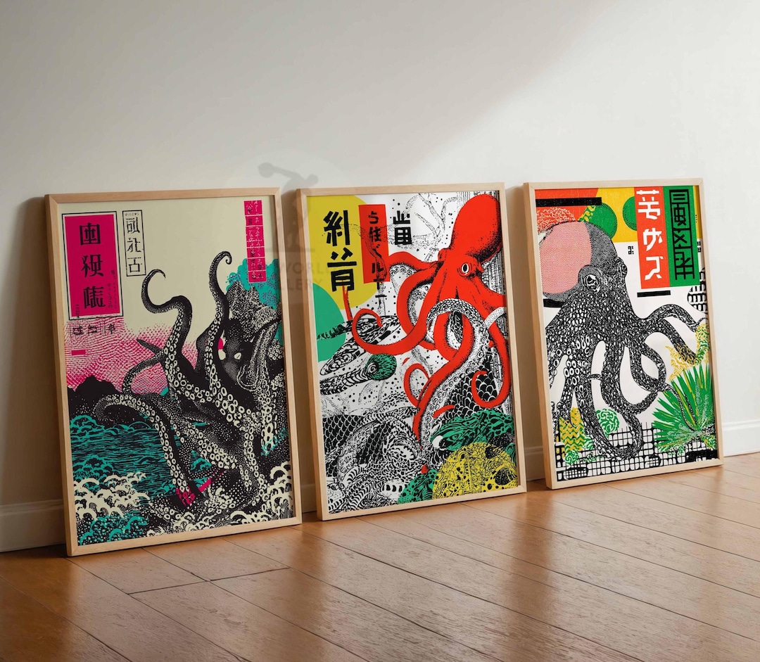 Japanese Octopus Art Print Set | Retro Ukiyo-e Marine Decor - Etsy