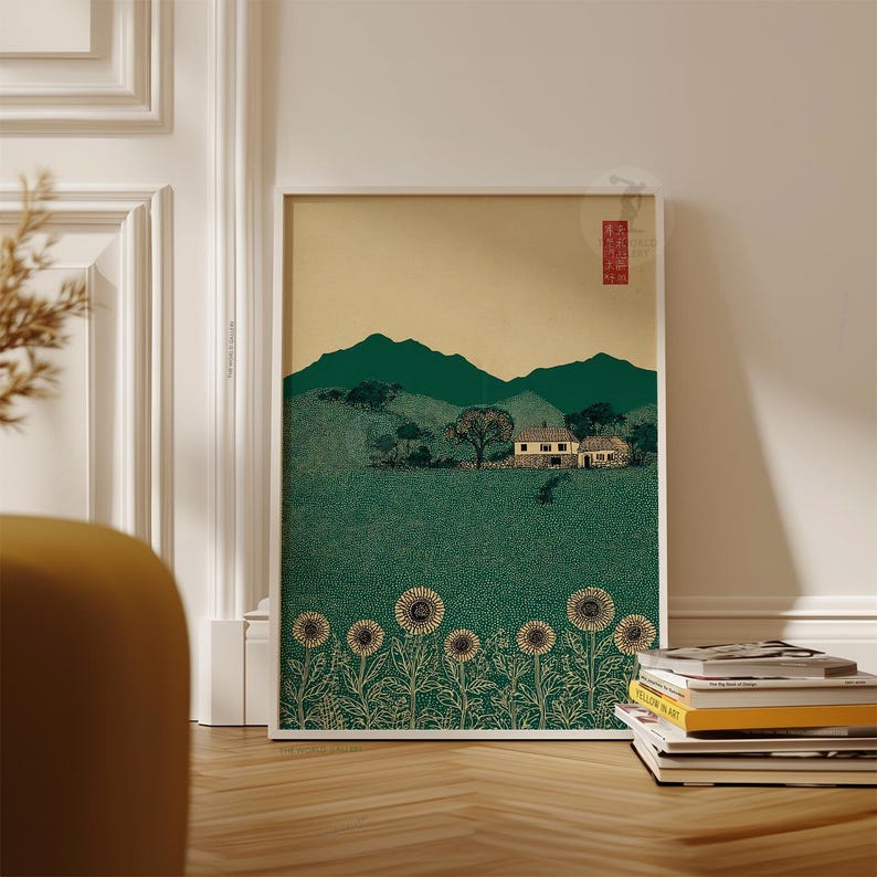 Rustic Barn Landscape Poster | Rolling Hills Print | Floral Field Art ...