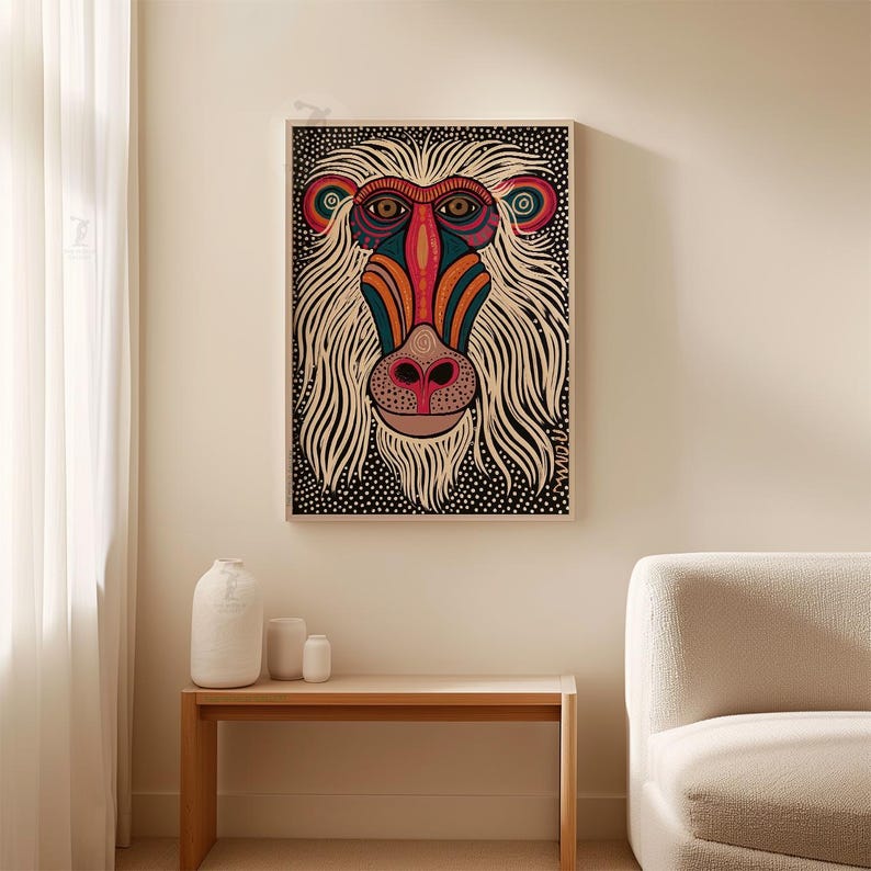 Mandrill Wall Art, Psychedelic Monkey Print, Tribal Animal Paper Decor ...