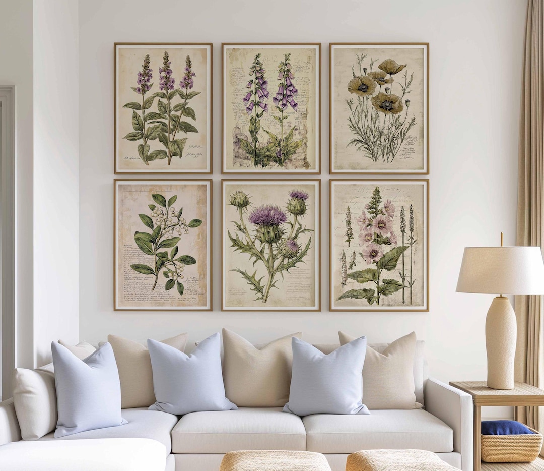 Set of 6 Vintage Botanical Prints, Antique Wildflower Wall Art, Natural ...