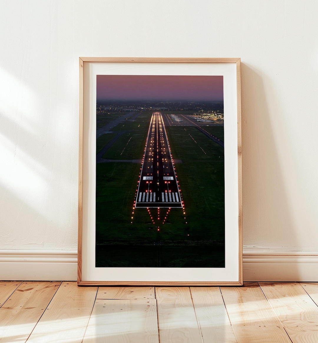 Illuminated Airport Runway Print, Night Aviation Photography, Modern ...